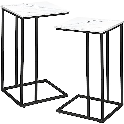 Possile C Shaped Side Table Set of 2, Marble End Table for Sofa and Bed, Couch Table That Slide Under, Snack Side Table for Living Room, Bedroom or Small Spaces, White and Black