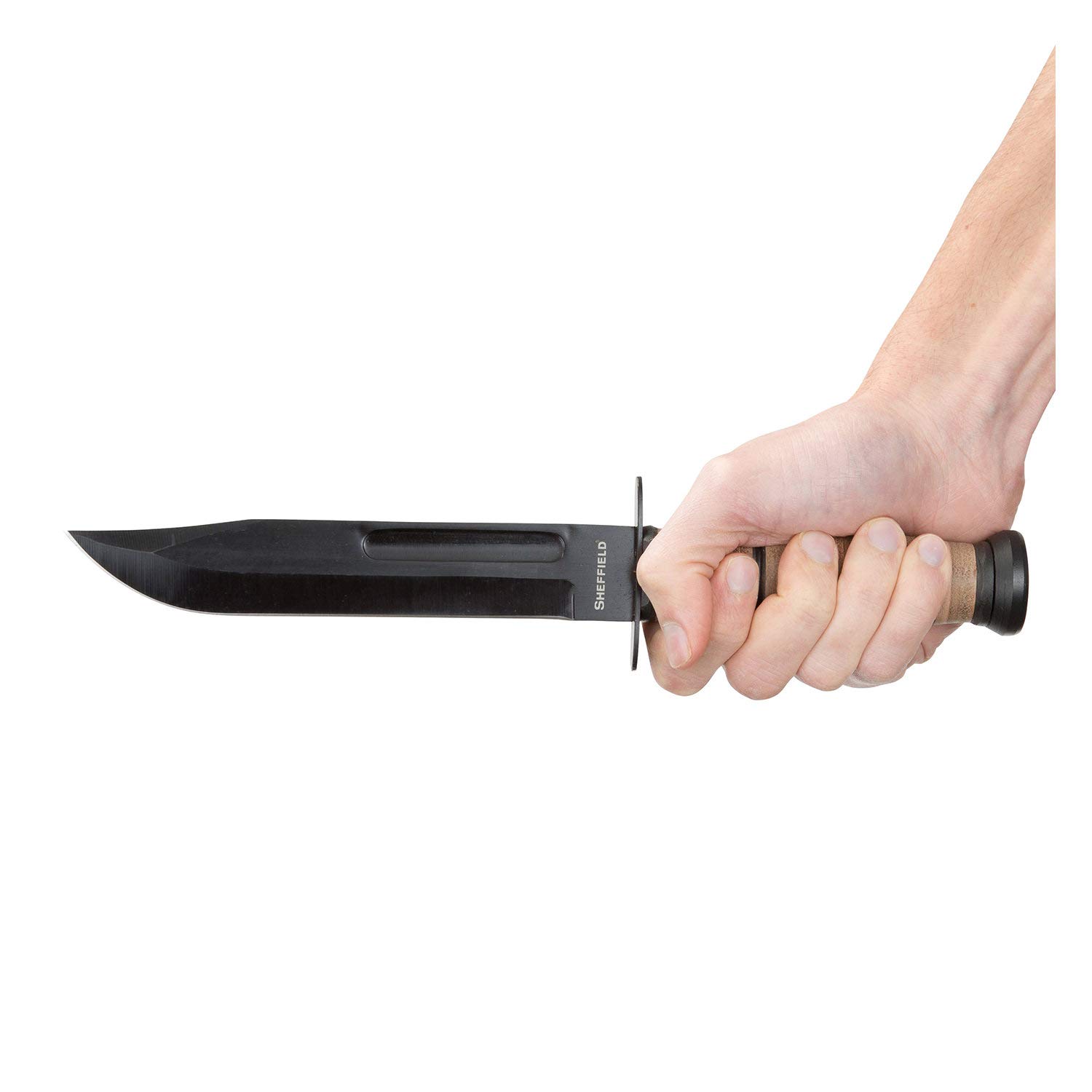 Sheffield 12693 Military Gear Fixed Blade Knife, 7 Inch Clip Point Full Tang Knife, 5 Inch Stacked Leather Handle, Fixed Blade Knife with Sheath