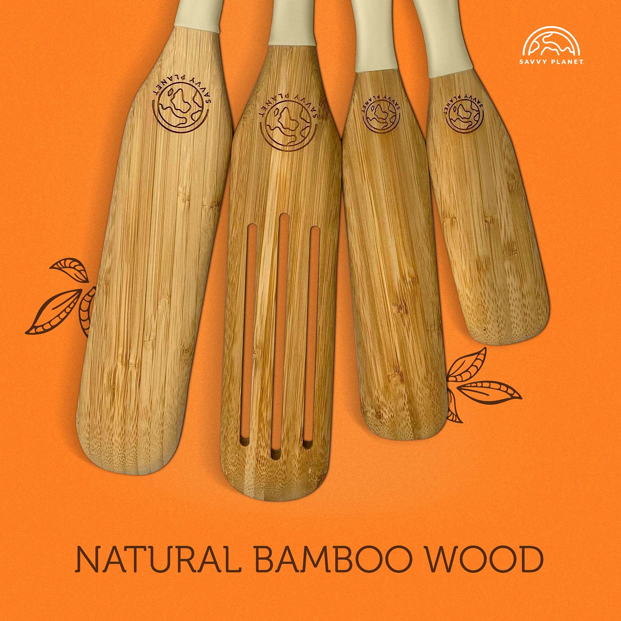 SAVVY PLANET - Bamboo Wooden Spurtle Set | Handles with Silicone Grip | Multi-Use Cooking Utensils (4 Pack) Included in Canvas Giftable Bag - White