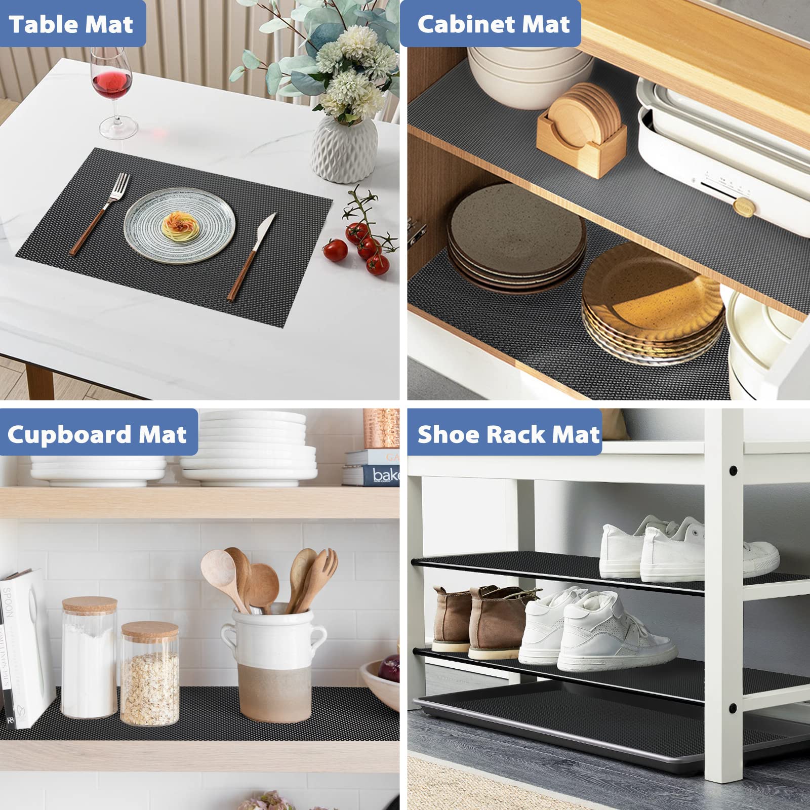 Shelf Liner Drawer Liners, Non Adhesive Kitchen Cabinet Liner Drawer Mat with Waterproof Protection Pad for Refrigerator, Cupboard, Cabinet Shelves, Pantry Cover, Black 11.8 x 393.7 inches