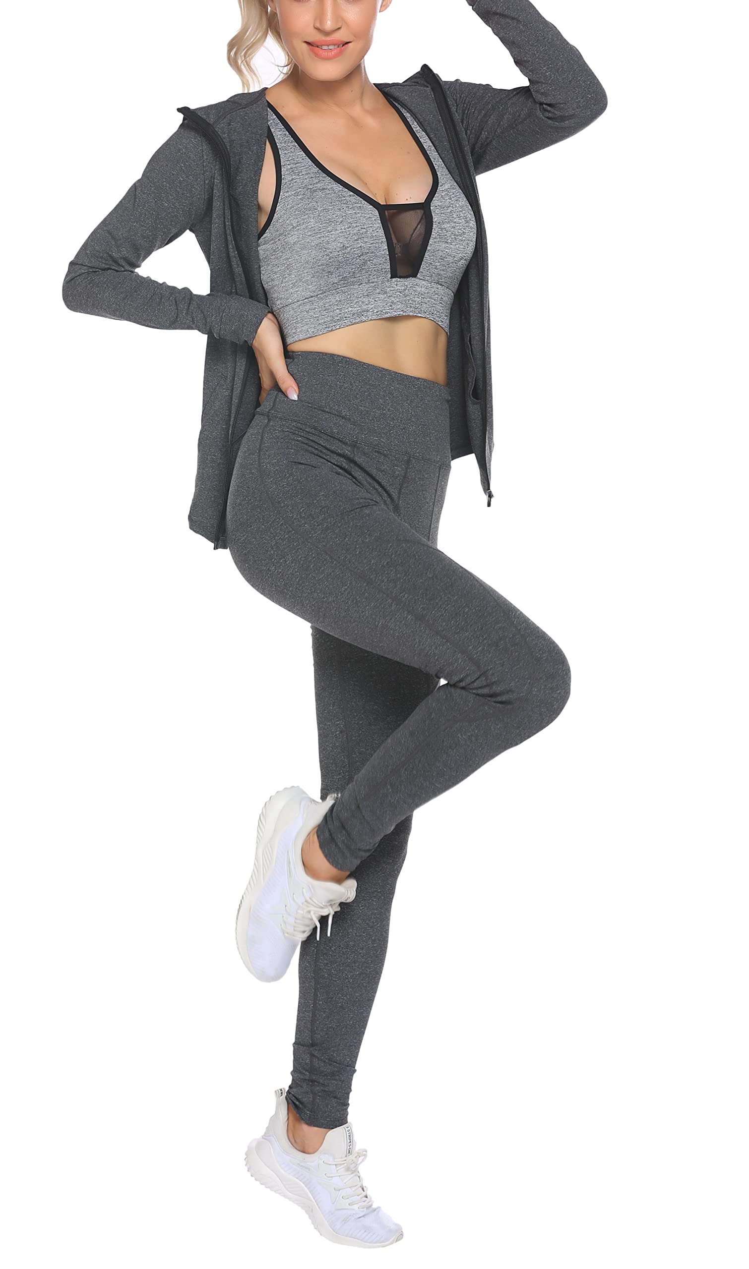Women's Activewear Sets 2 Piece Workout Outfits Hooded Long Sleeve Athletic Set Plus Size Gym Sets for Women Grey XXL