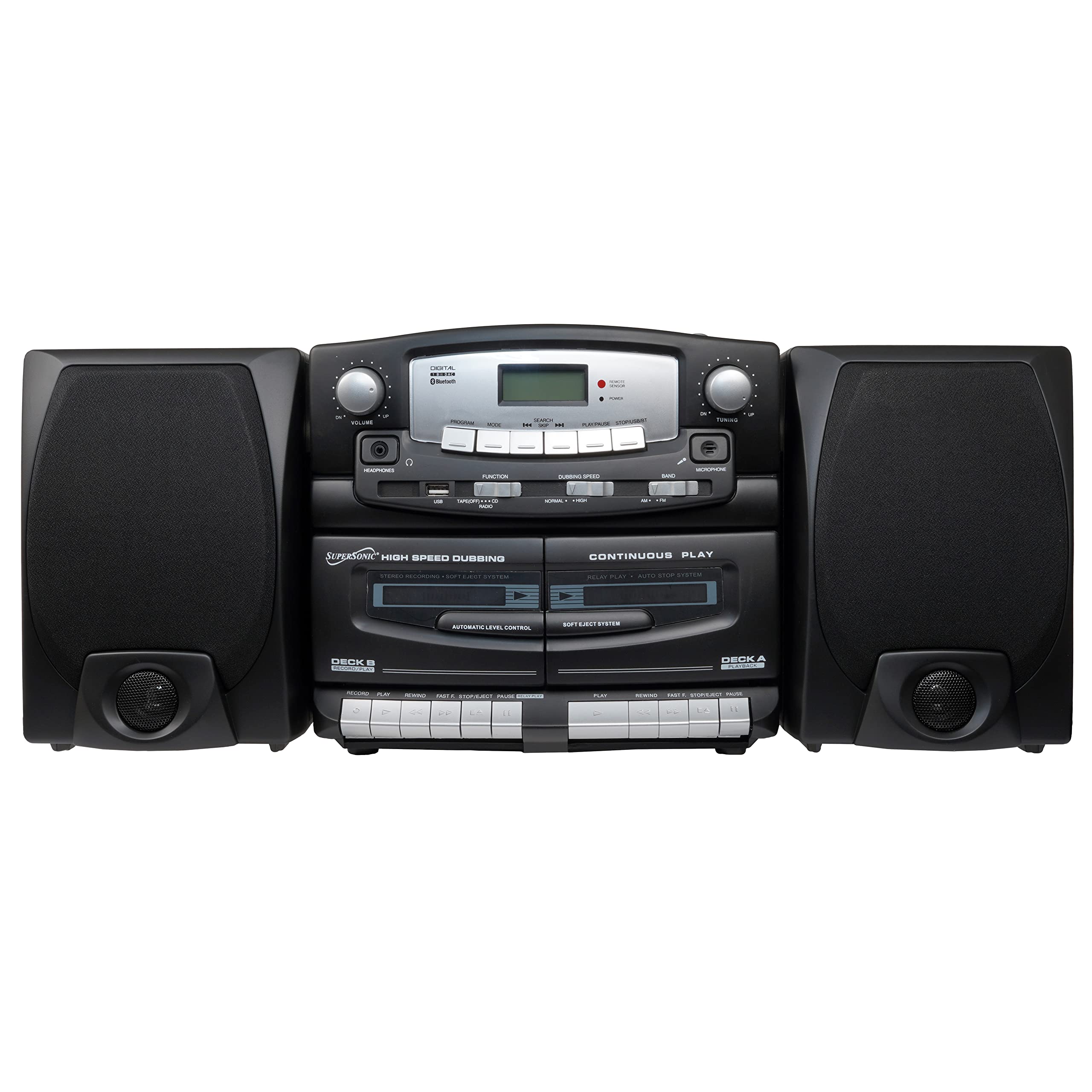 Supersonic Black Edition Vintage Bluetooth Stereo System Home Music Audio System,CD/MP3 Player,AM/FM Radio,Dual Cassette Player/Rec USB inputs,Detachable Speakers,AC/DC,(Remote Included)Matte Black