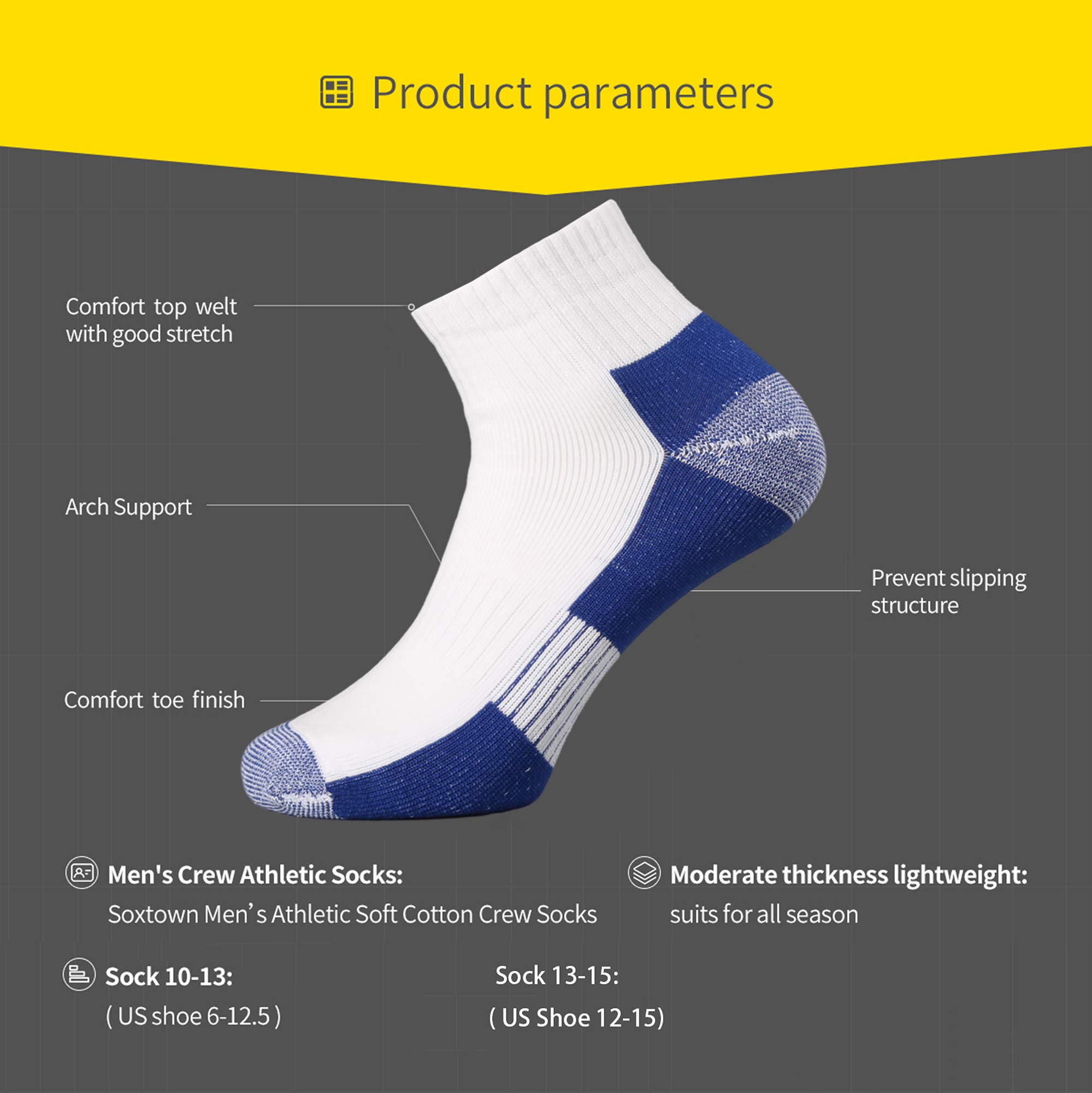 SOX TOWN Moisture Wicking Performance Work Boots Heavy Cushion Low Cut Socks Men 10 Pack(WhiteBlue L)