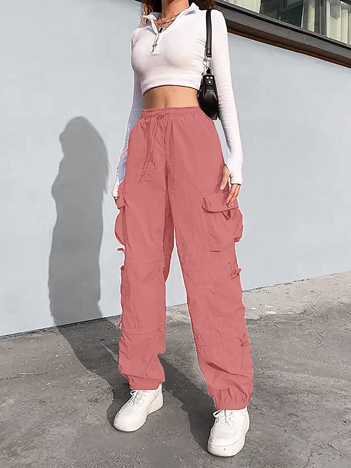 QYANGG Baggy Parachute Pants for Women& Girls Drawstring Elastic Low Waist Ruched Cargo Pants Multiple Pockets Jogger Y2K Pink