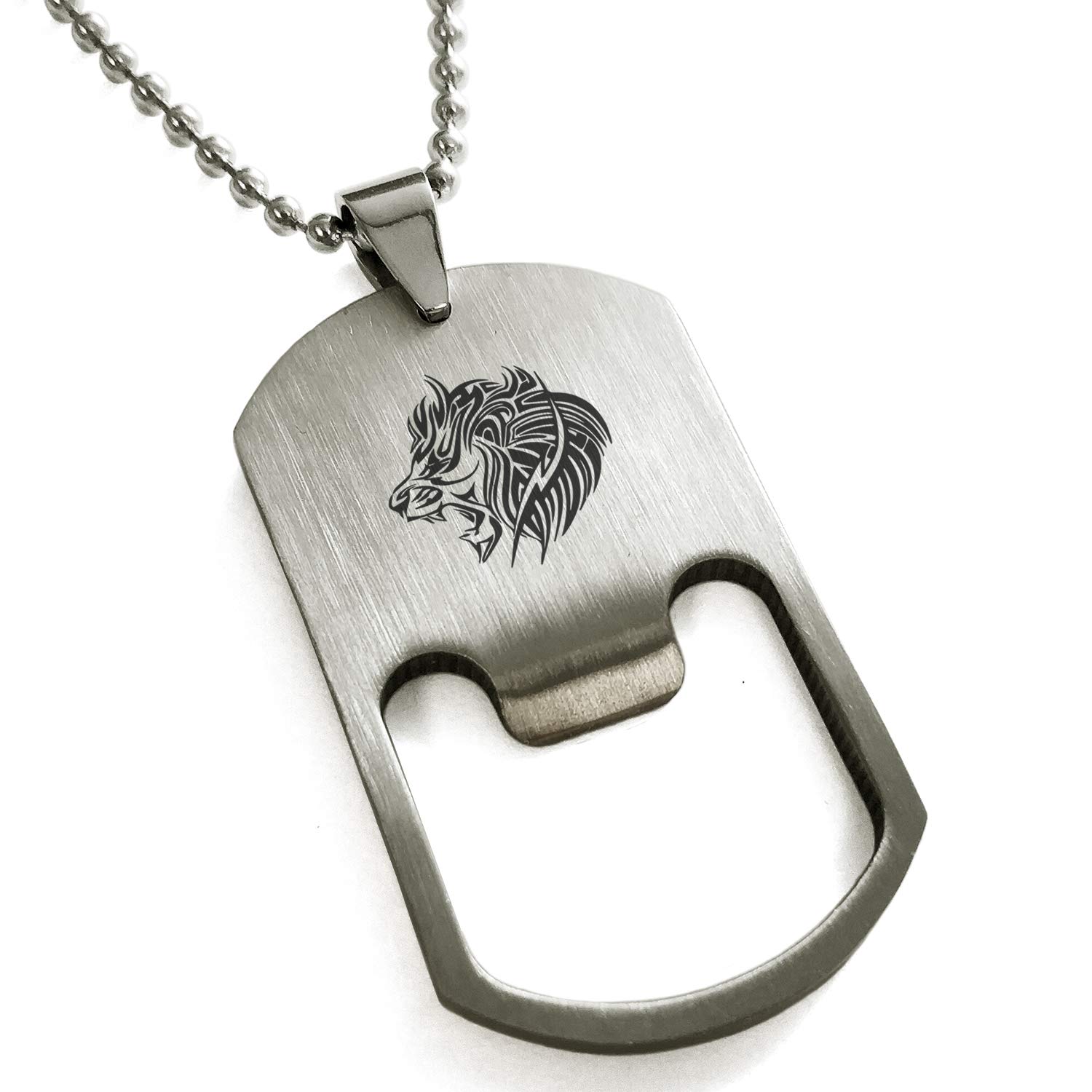 Stainless Steel Tribal Lion Bottle Opener Dog Tag Pendant Necklace