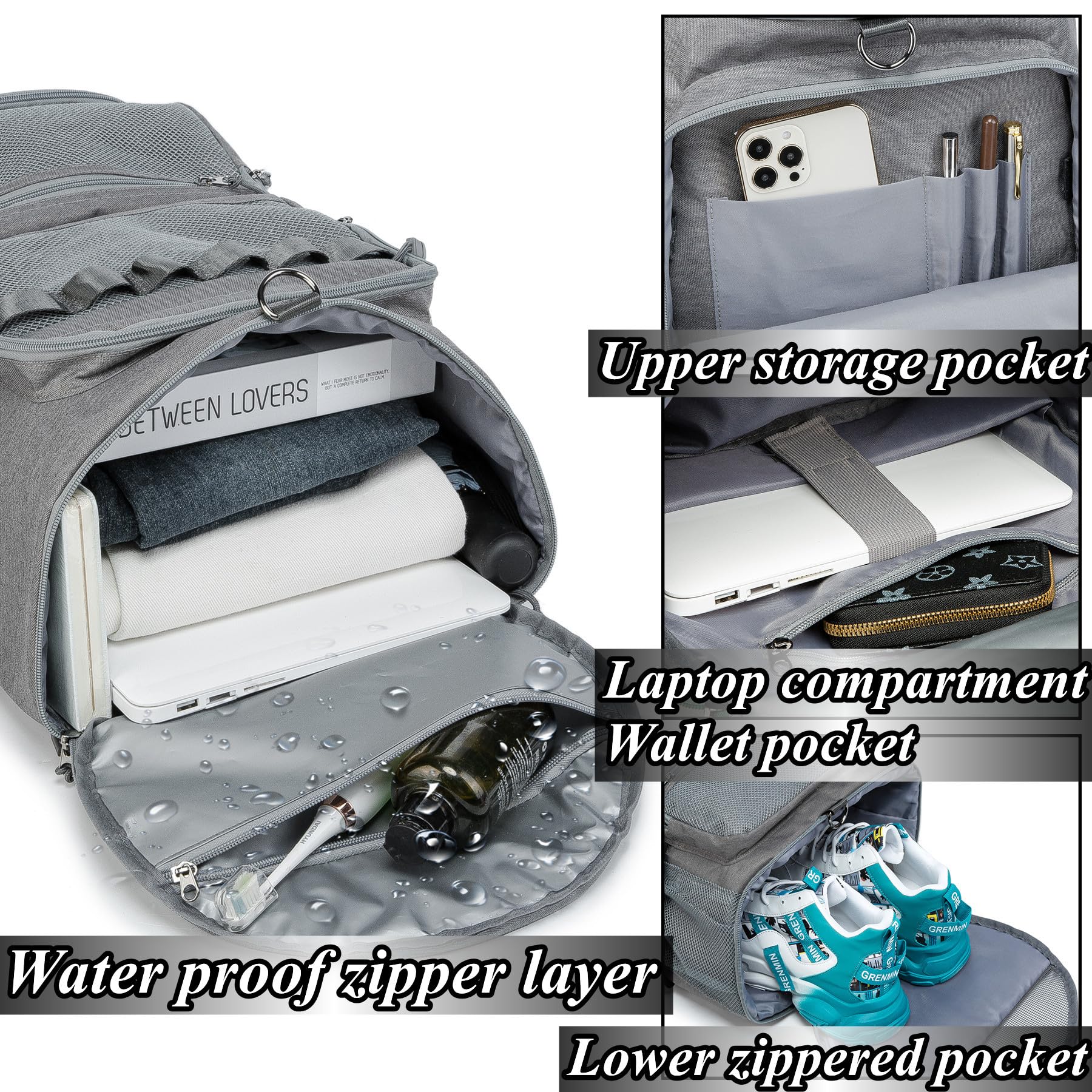 SDTAME Gym Duffle Bag Backpack with Shoe Compartment,4 ways Travel Backpack for Women and Men,Multi-Functional Weekender Backpack with Waterproof for Fitness, Travel,Camping(grey)