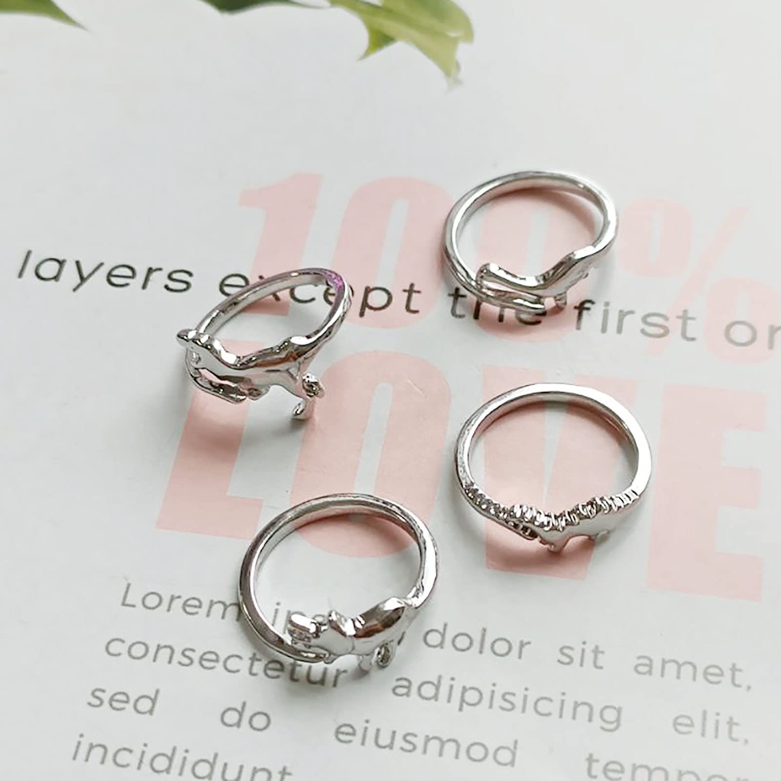 Vangelady 4 Pcs Dinosaur Rings Sets Jurassic Era Dinosaur Statement Ring Adjustable Knuckle Band Jewelry for Women Men Girls, Silver C