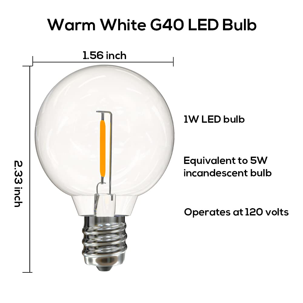 SUNTHIN 2 Pack G40 LED Bulbs, 1W LED Bulbs with E12 Base, 5 Watt Incandescent Bulbs Equivalent, Warm White 2700K, Replacement Bulbs for Globe String Lights, Indoor & Outdoor Use