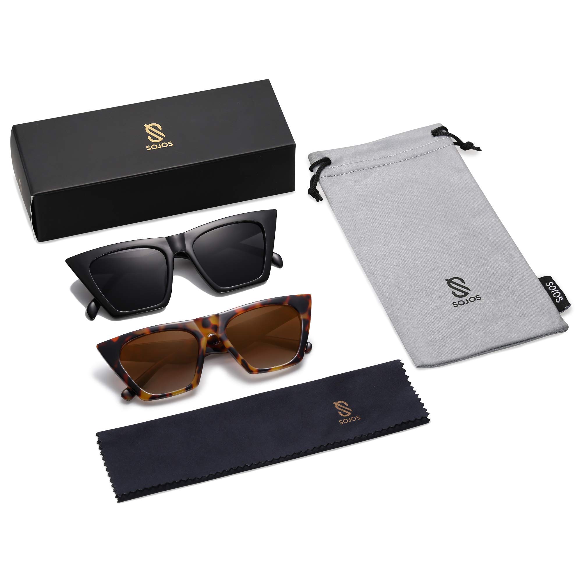 SOJOS 2 Pack Oversized Square Cateye Polarized Sunglasses Big Trendy Style Sunnies SJ2115, Black & Tortoise