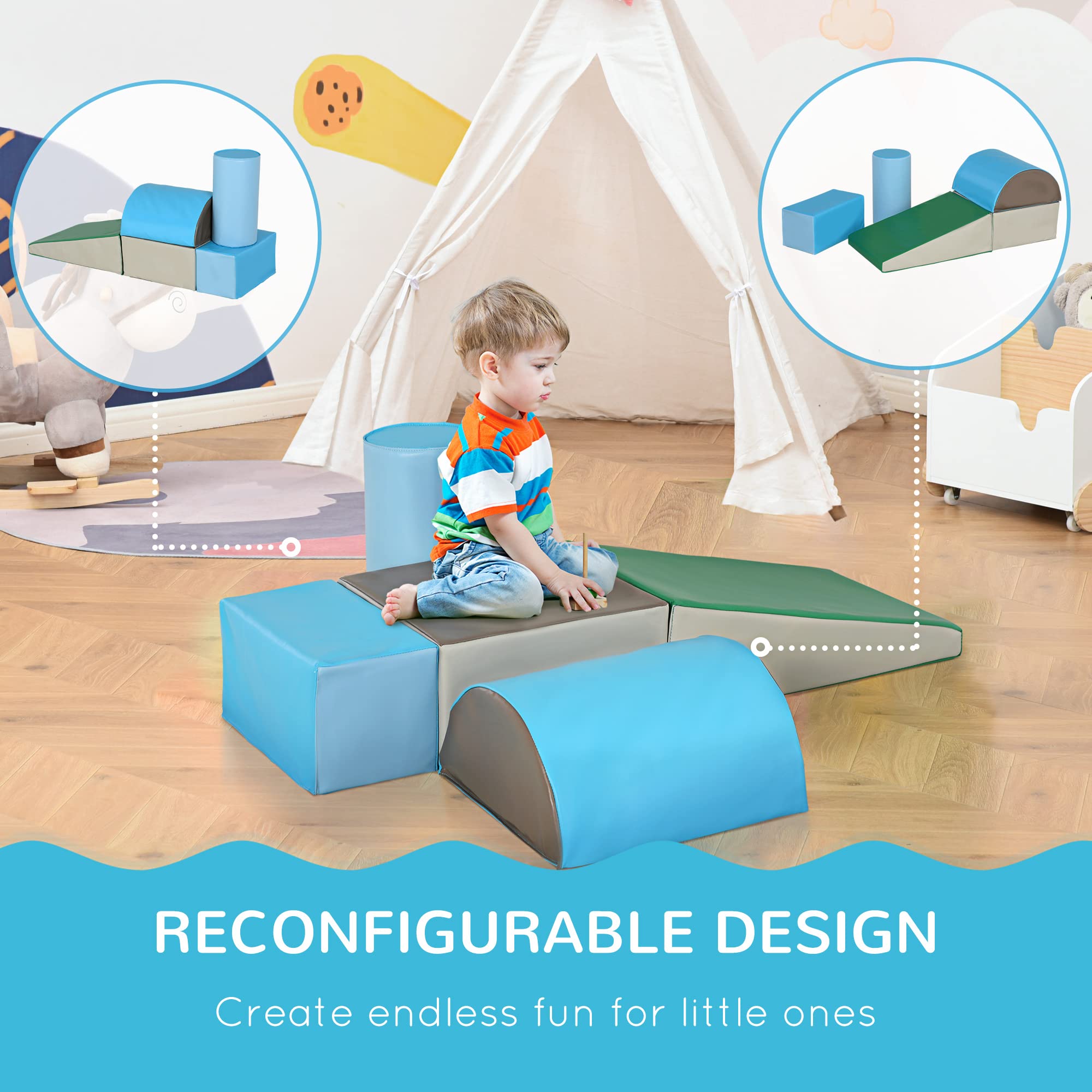 Soozier 5 Piece Climb and Crawl Activity Play Set, Baby Soft Play Set, Foam Climbing Blocks for Toddlers, Kids Preschooler Indoor Play Equipment Multicolor