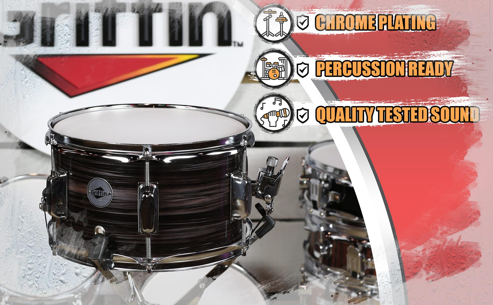 Popcorn Snare Drum by GRIFFIN | Firecracker Acoustic 10" x 6" Poplar Shell with Zebra Wood PVC | Soprano Mini Concert Marching Percussion Musical Instrument with Snare Throw Off, Drummers Key & Head