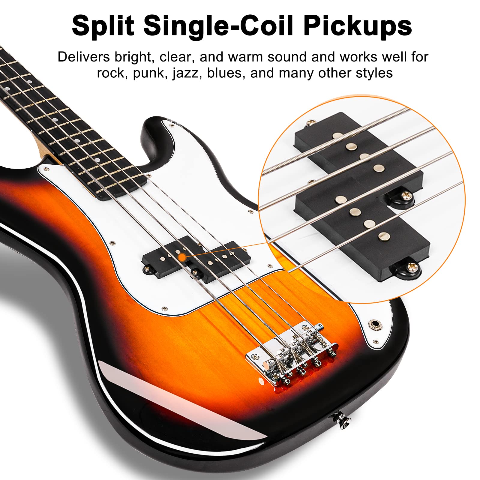 Vangoa Electric Bass Guitar Full Size 4 Strings Standard Bass PB Style Beginner Kit Sunburst for Starter Adults Kids with Gig Bag Cable Extra Strings Strap