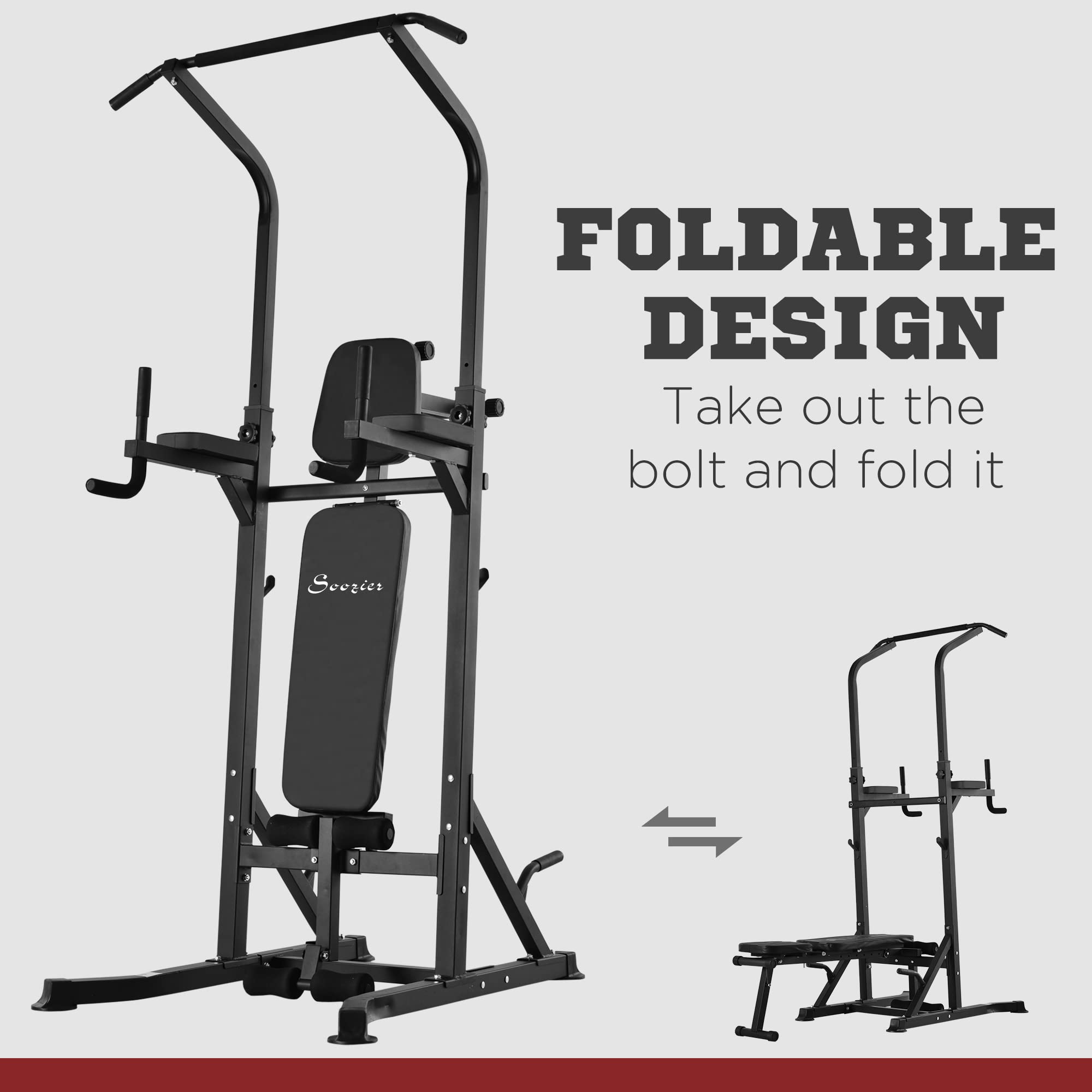 Soozier Pull Up Dip Station, Foldable Power Rack with Adjustable Weight Bench, Multi-Function Power Tower Workout Station for Home Gym Strength Training