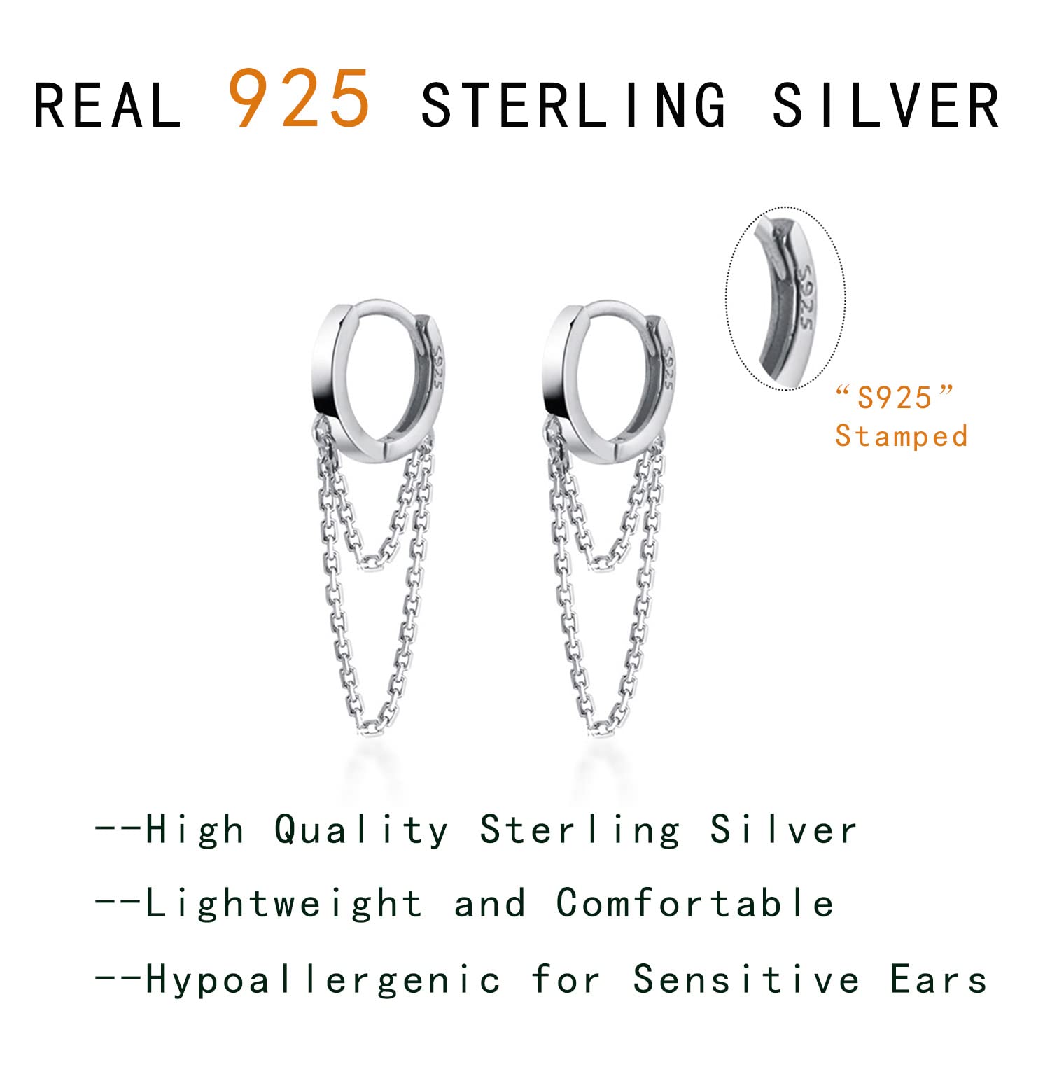 Reffeer 925 Sterling Silver Tassel Chain Drop Dangle Small Hoop Earrings Huggie for Women Teen (Silver)