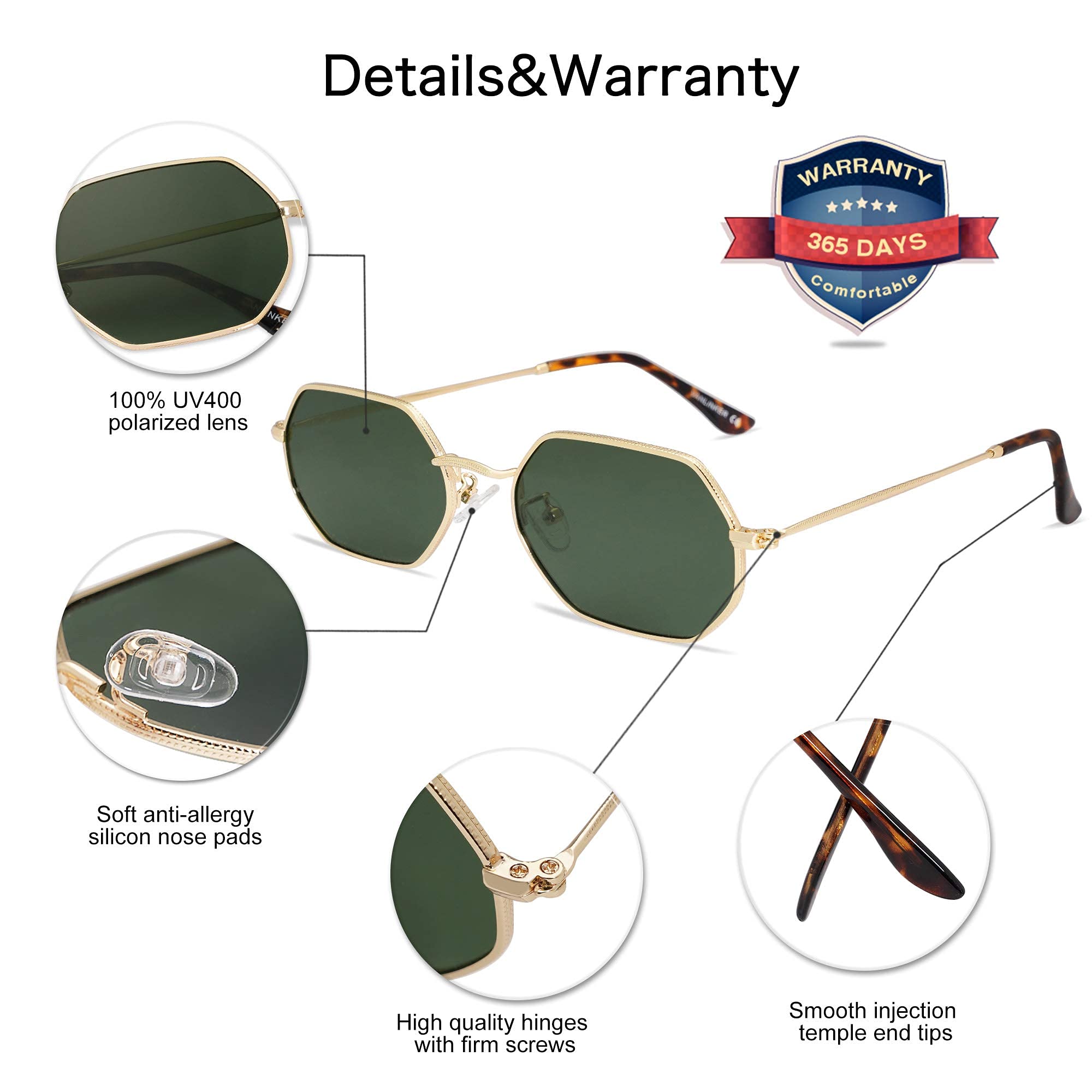VANLINKER Polarized Hexagon Gold Metal Sunglasses for Women Men Polygon Sunnies Green Lens