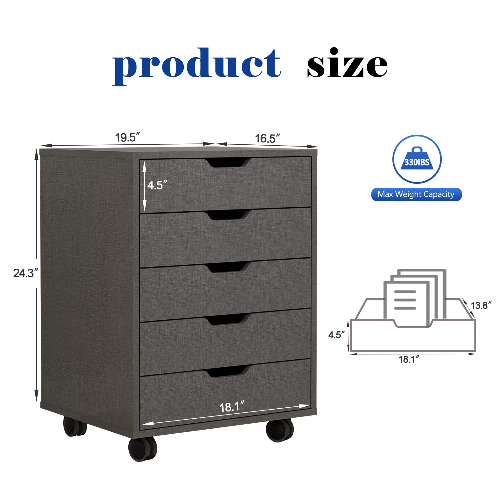 SANYOAC 5 Drawer Chest, Mobile File Cabinet with Wheels, Wood Storage Cabinets, Home Office Storage Cabinet, Mobile Lateral Printer Stand with Removable Wheels(Grey)
