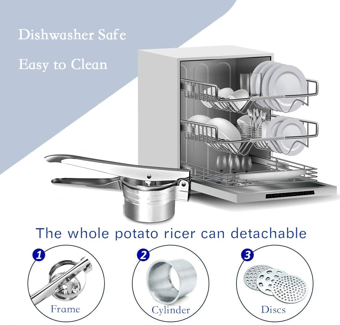 Potato Ricer Stainless Steel Potato Masher, Food Ricer, Fruit and Vegetables Press with 3 Removable and Interchangeable Discs, Manual Masher Ricer Kitchen Tool