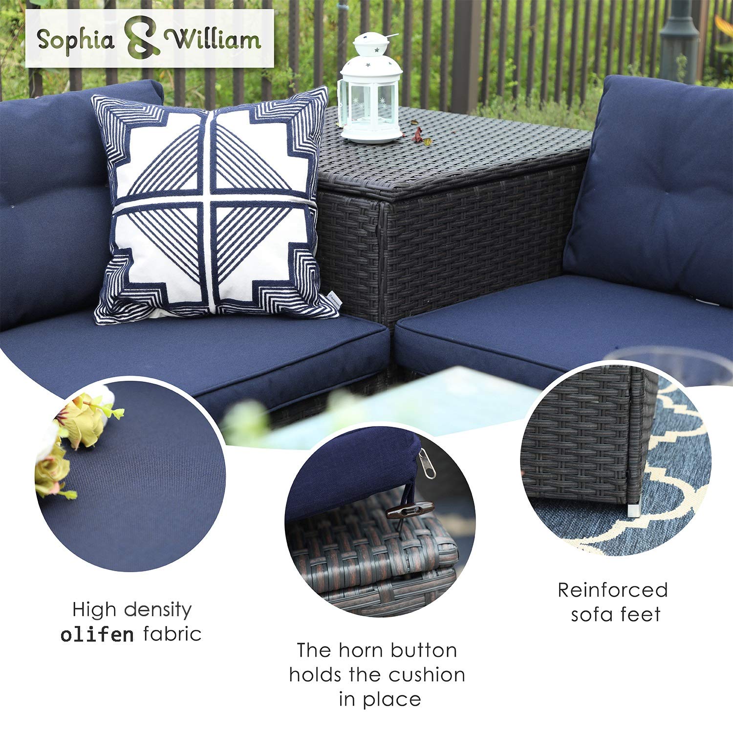 Sophia & William 9 Piece Patio Furniture Set Rattan Wicker Outdoor Sectional Sofa Set with Dining Table and Chairs, Conversation Set with Storage Box & Glass Table Top