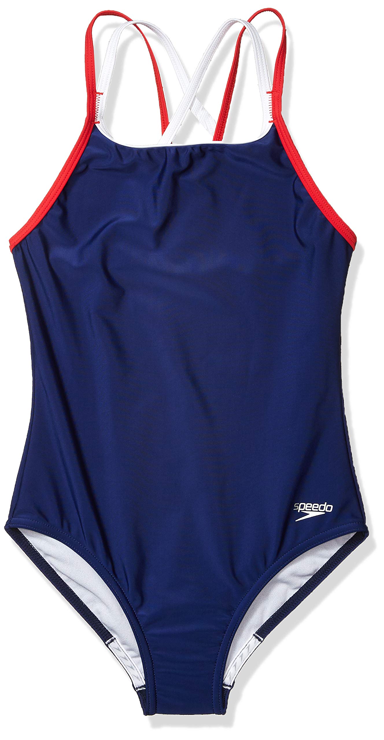Speedo Girls' Swimsuit One Piece Solid Cross Back Multi Straps-Discontinued, RED/White/Blue, 7 (Big
