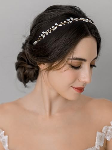 SWEETV Leaf Wedding Headpieces for Bride Opal Bridal Headband with Crystal Women Handmade Wedding Hair Accessories