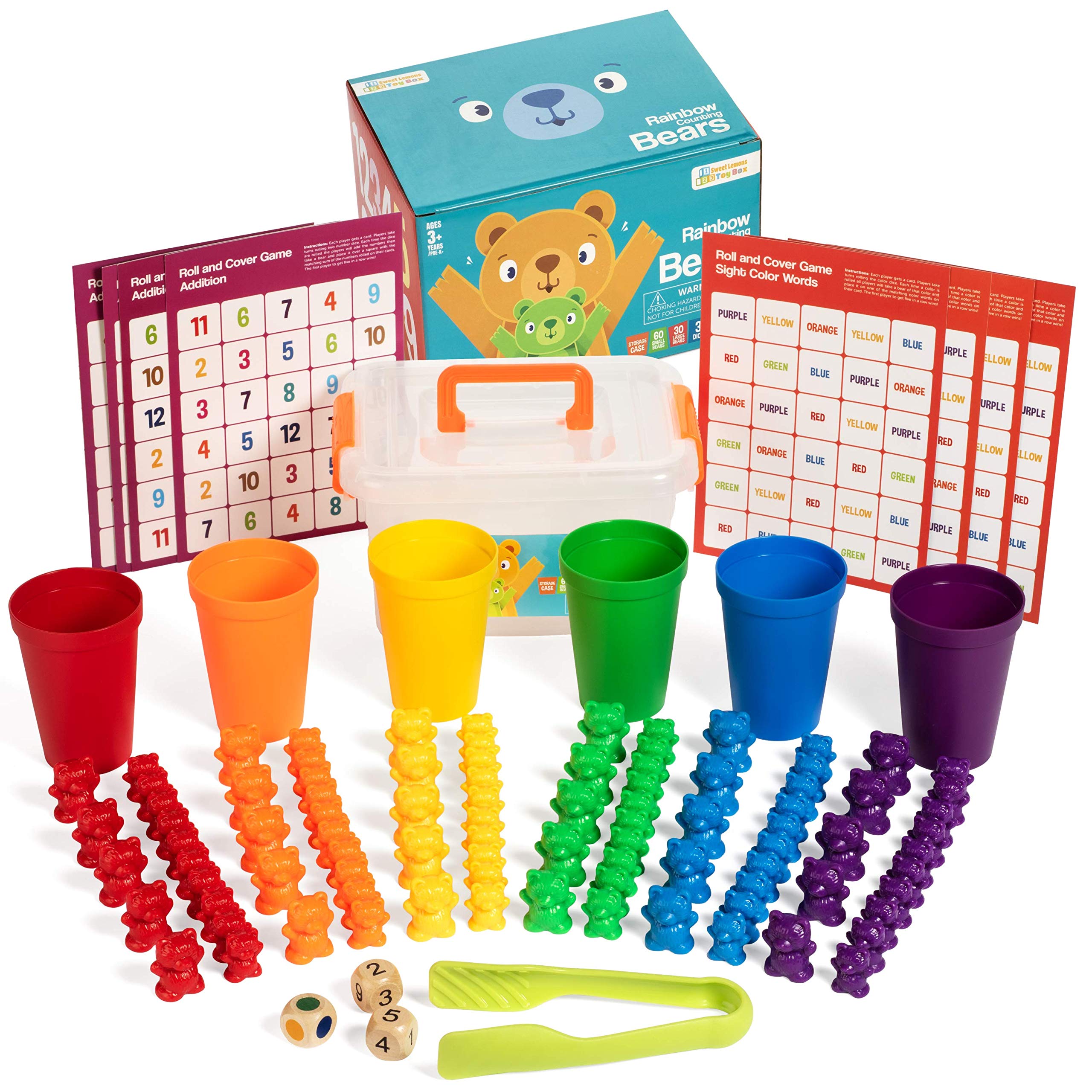 SWEET LEMONS Rainbow Counting Bears Math Manipulatives- 90 Teddy Bear Counters- Large and Small Sorting Bears and Bingo Game for Kids and Family