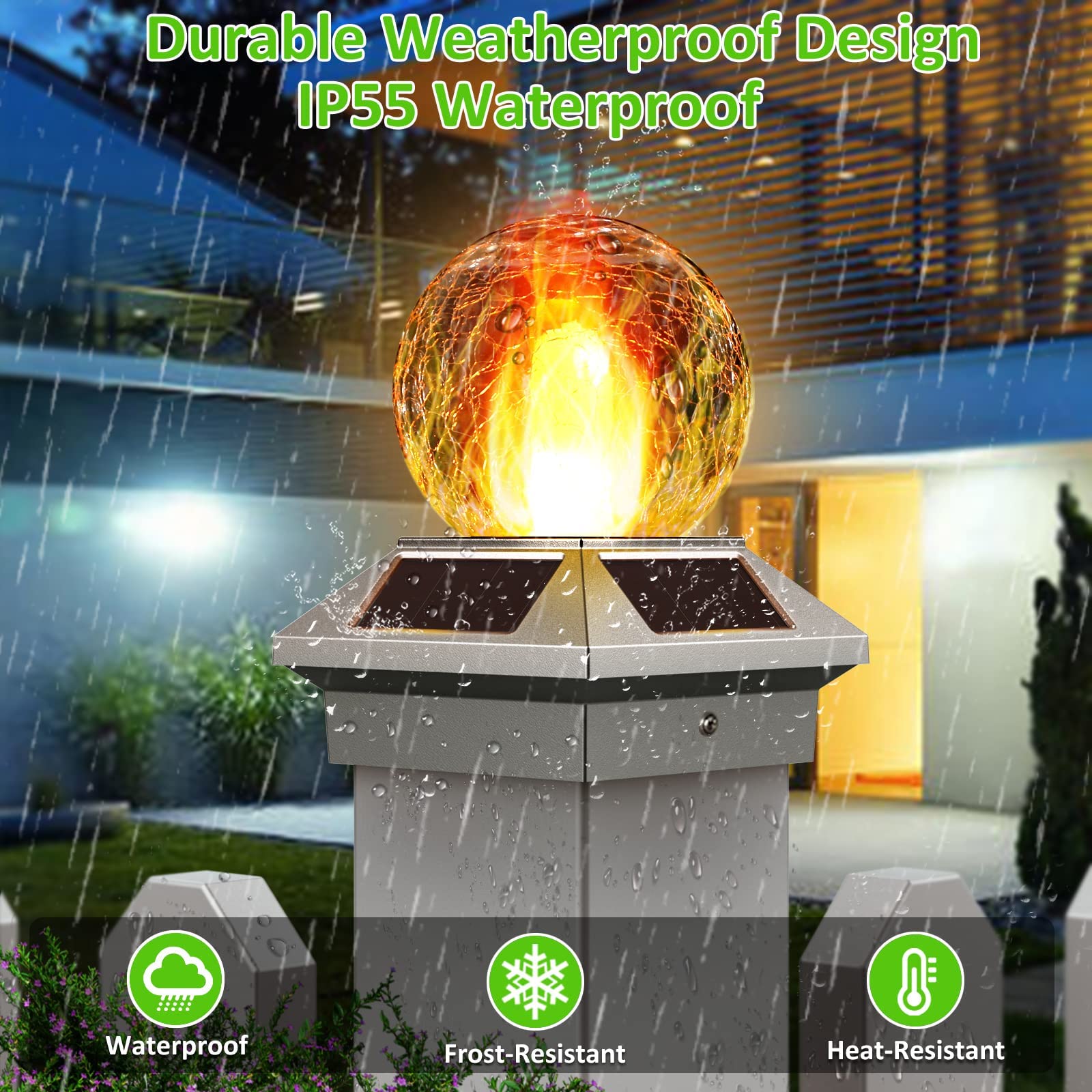 Solar Fence Post Cap Light,Solar Post Flame Lights Outdoor Cap Lights 4 Pack for Mailbox,Deck or Patio,Waterproof Outdoor Cap Lamp Post Fits 4X4, Wooden Posts or 3.5X3.5 Vinyl/PVC Fence Posts