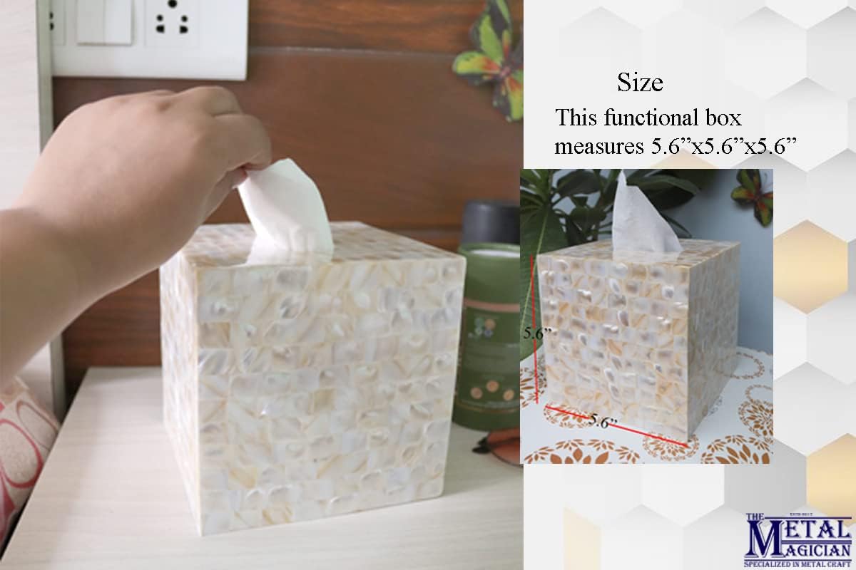 Square Tissue Holder – Decorative Tissue Box Cover is Finished in Beautiful Mother of Pearl by The Metal Magician