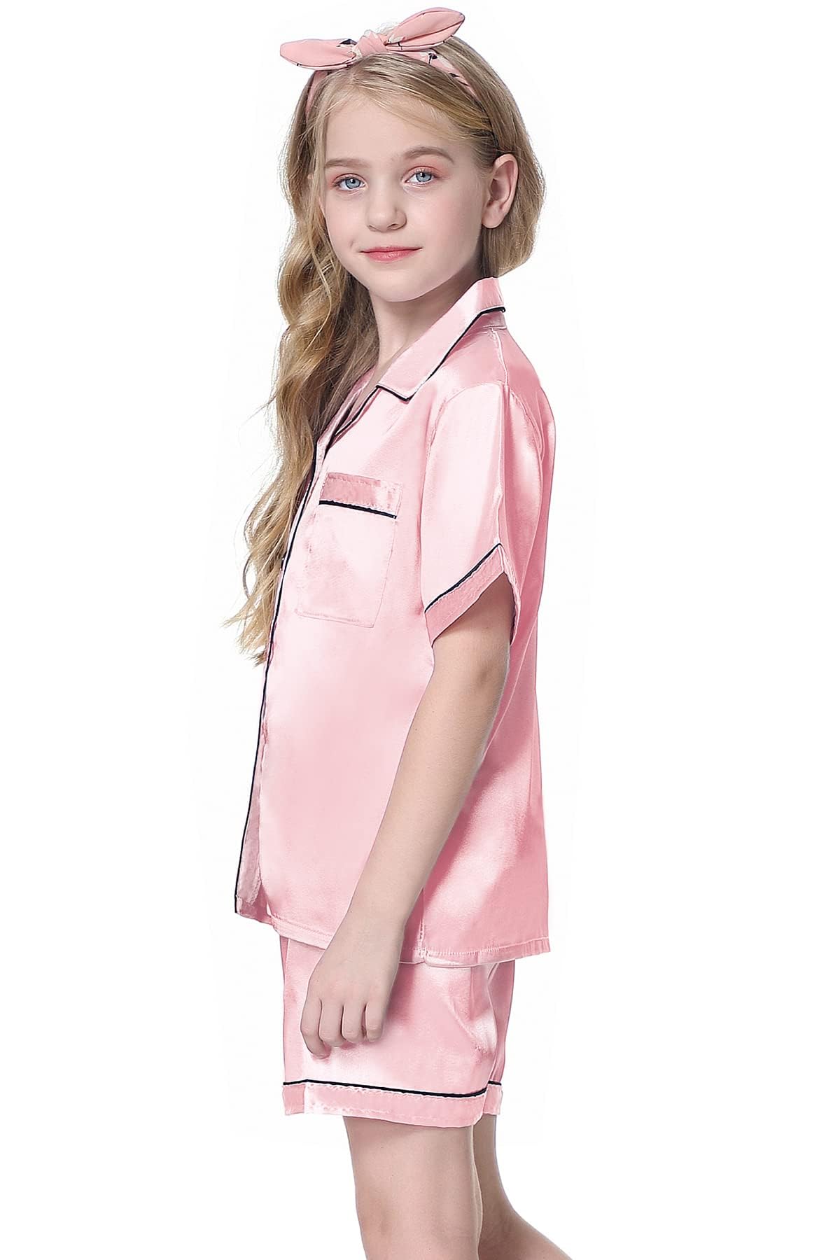 Schbbbta Pajamas Set for Girls Silk Button Down Pjs Satin Short Sleeve Sleepwear 2 Piece Lounge Sets, Pink, 11-12 Years