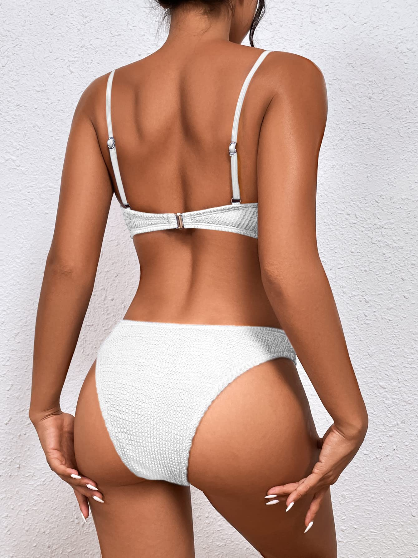 SherryDC Women's Textured Scoop Neck Padded High Cut Thong Bikini Swimsuit White