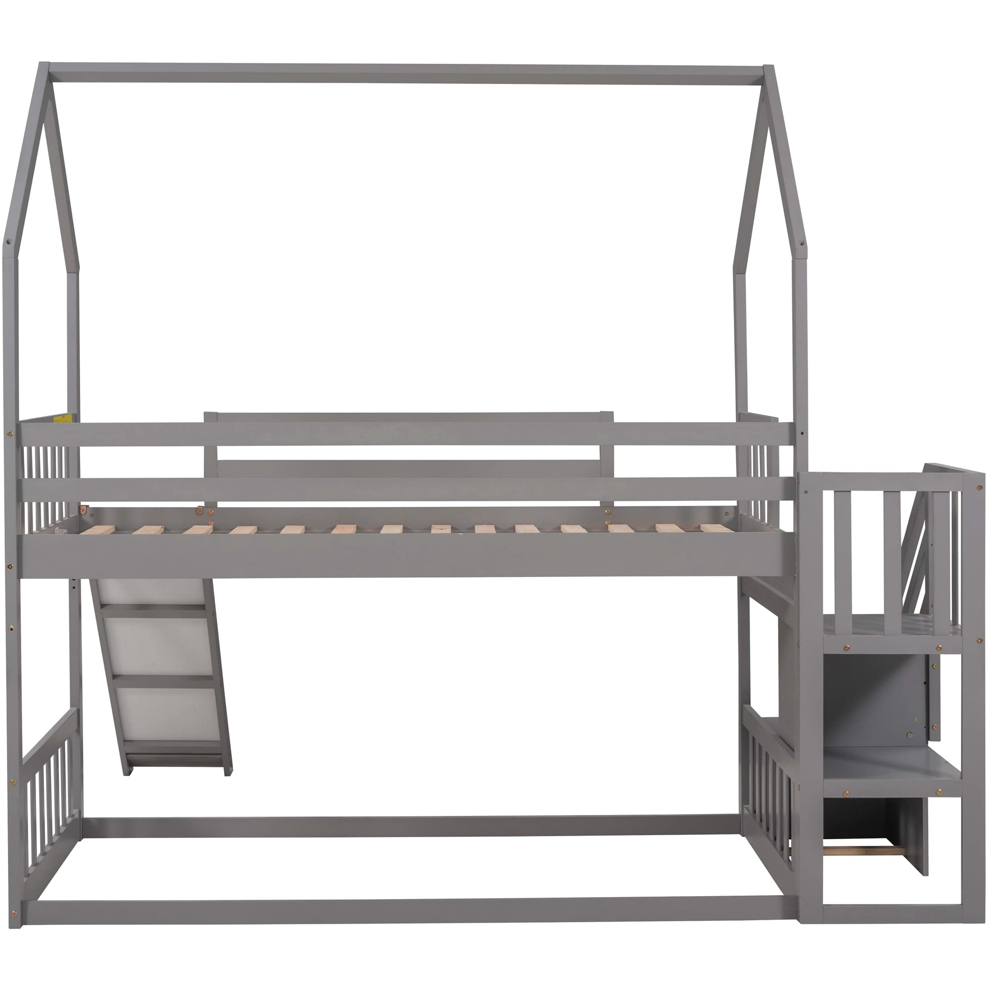 RUNWON Twin over Twin House Bunk Bed with Convertible Slide,Storage Staircase and Open Sehlves for Kids Teens Bedroom