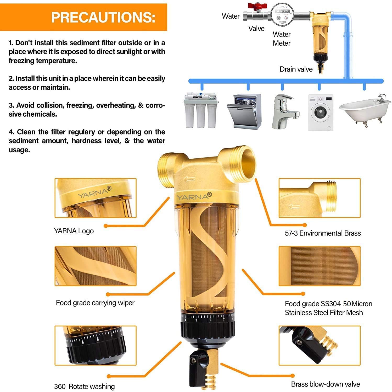 Sediment Water Filter - Whole House Reusable Filtration Water System - Spindown Prefilter 50 Micron (3/4" Male NPT + 1/2" Female NPT)