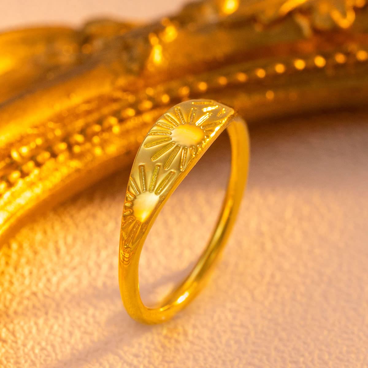 Ugaarsan Sunshine Phase Mini Ring You Are My Sunshine Simple Delicate Stacking Ring Details of Sun Statement Thumb Jewelry for Everyone-GD-08