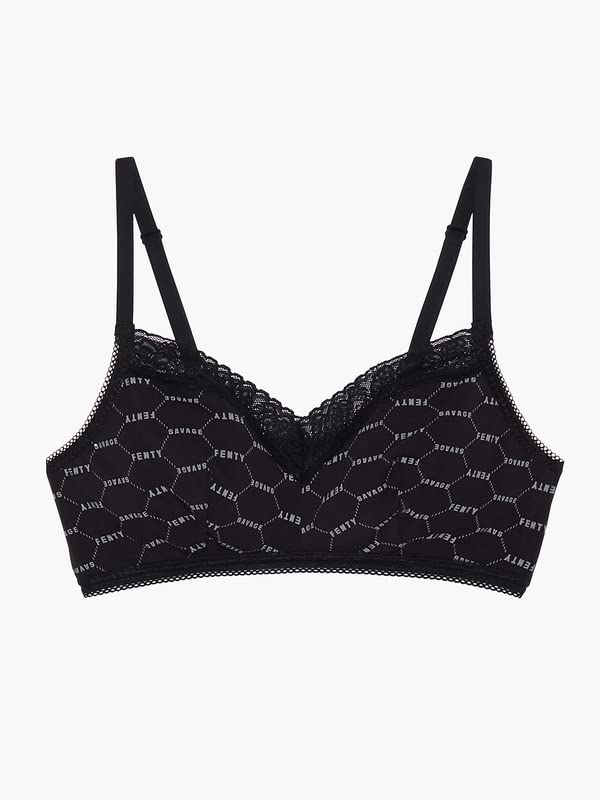 Savage X Fenty, Women's, Cotton Essentials Bralette, Cotton, Unlined Bralette, Black Caviar Logo Print, 1X