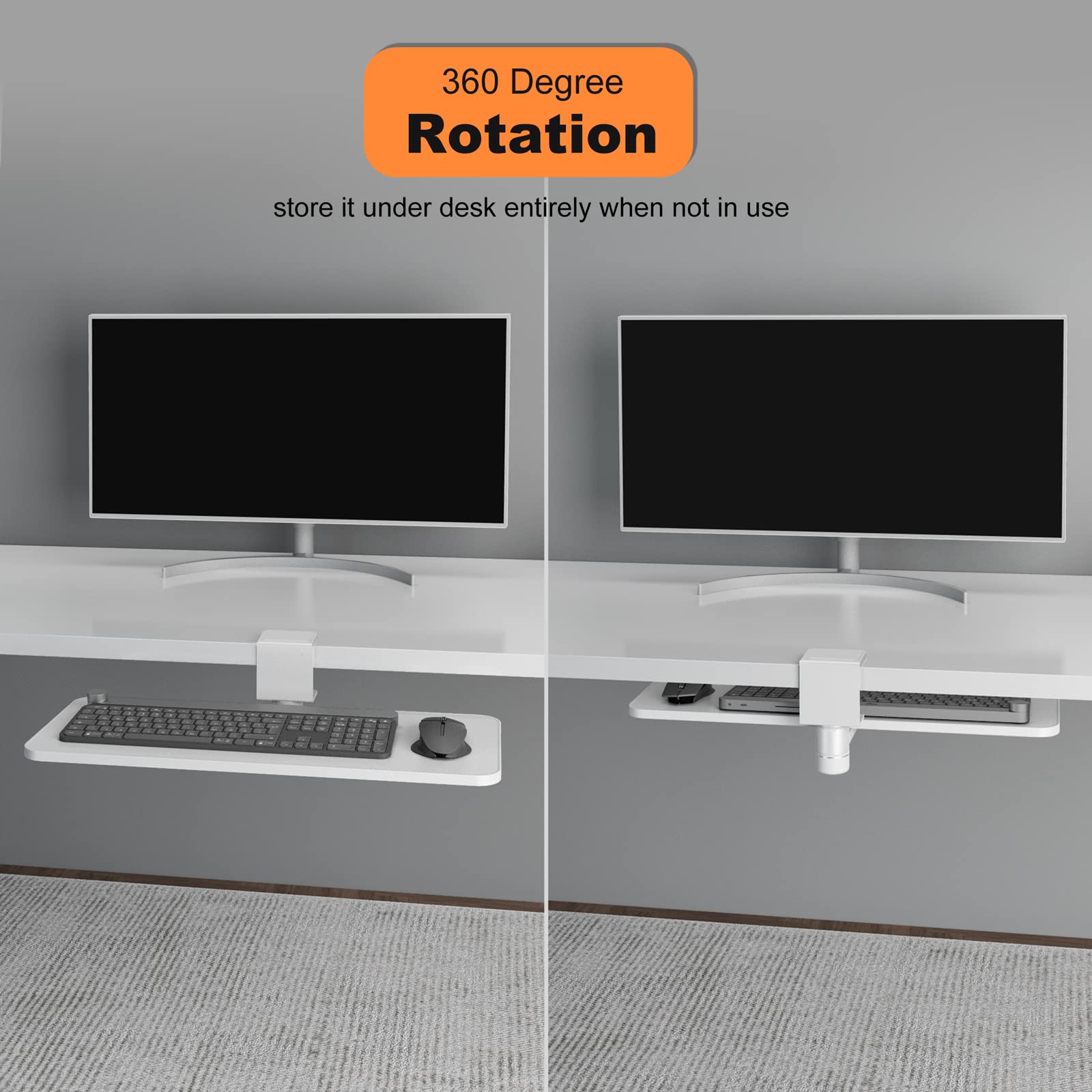 Rotating Keyboard Tray Under Desk - Klearlook PU Leather Keyboard Drawer Adjustable C Clamp,Ergonomic Keyboard Platform Extender,No Drilling,Easy Install Keyboard Stand,23.62"x 9.84"Inch-White