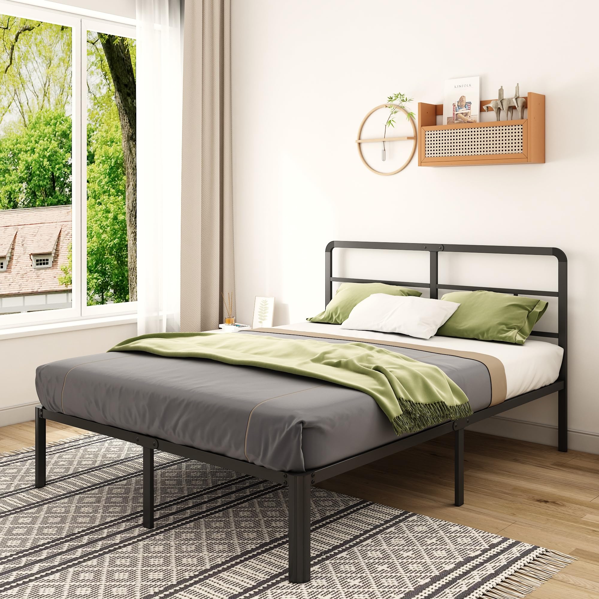 Riwanca 14 Inch Full Size Bed Frame with Headboard, No Box Spring Needed, Heavy Duty Black Metal Platform Mattress Foundation with Rounded Corners, Non-Slip Noise Free, Under Bed Storage Space