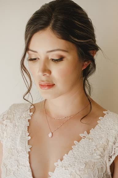 SWEETV Teardrop Wedding Back Necklace for Bride Bridesmaids, Rose Gold Cubic Zirconia Simple Back Pendant Bridal Necklace for Wedding Party