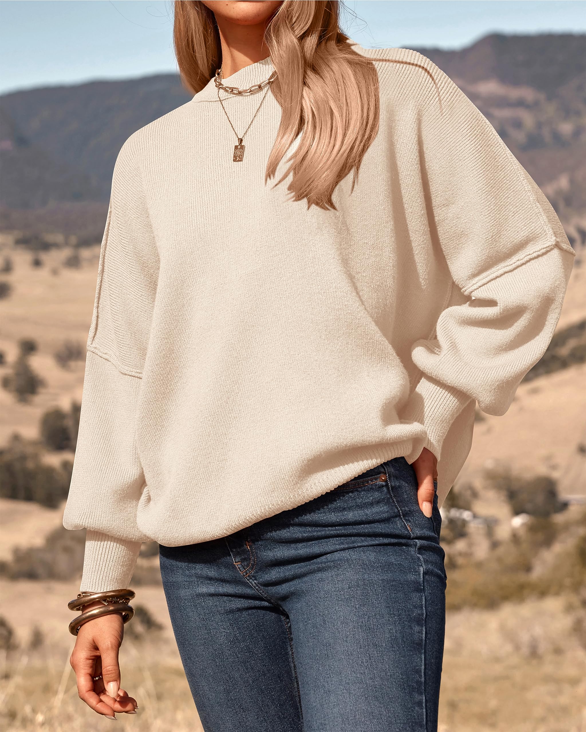 PRETTYGARDEN Women's Oversized Sweater 2024 Casual Fall Crewneck Long Sleeve Loose Side Slit Ribbed Knit Pullover Tops(Solid Beige,Medium)