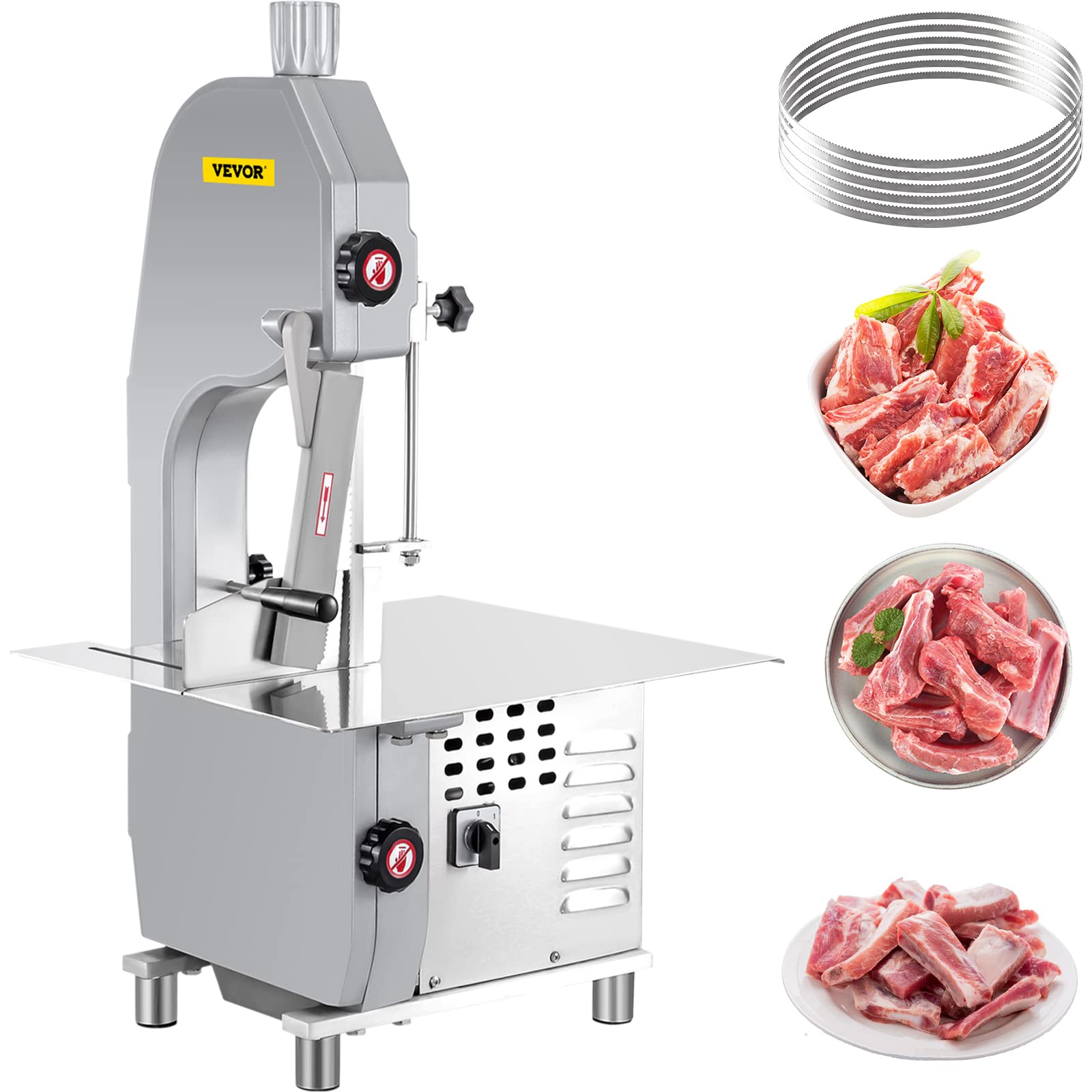 VEVOR 110V Bone Saw Machine, 1500W Frozen Meat Cutter, 2.1HP Butcher Bandsaw, Thickness Range 4-180mm, Max Cutting Height 215mm, Worktable 19.3x17.3inch, Sawing Speed 19m/s, Equipped with 6 Saw Blades