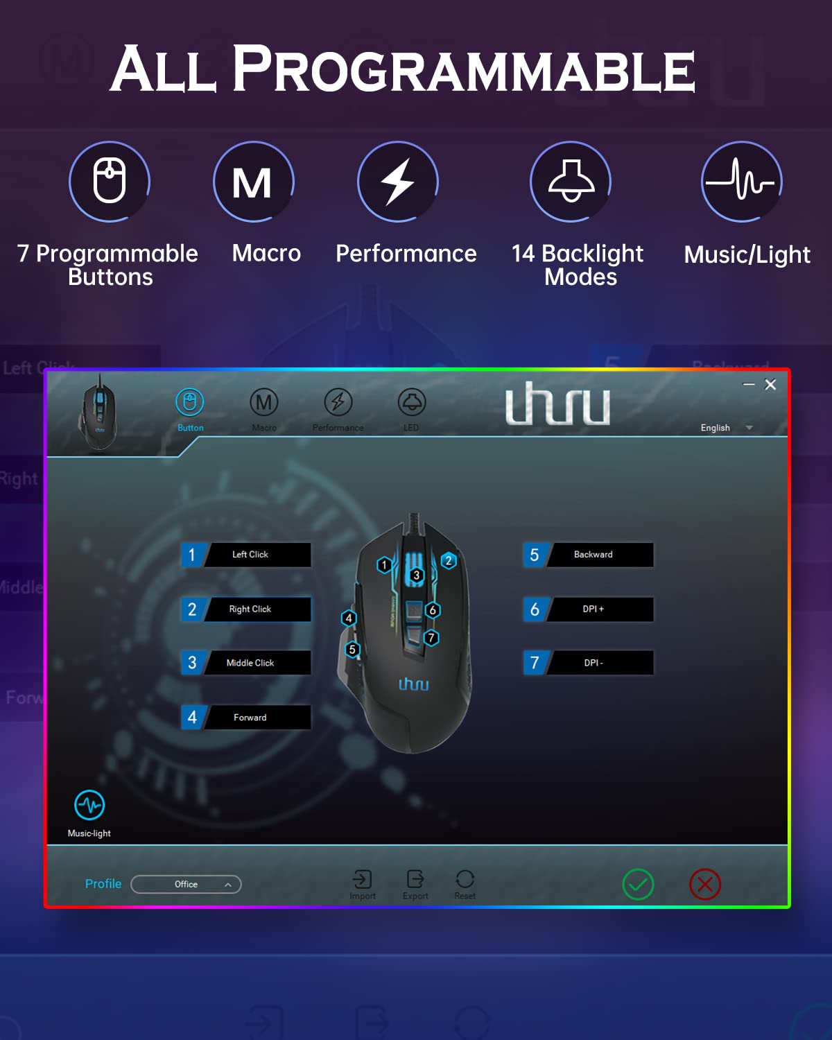 UHURU Wired Gaming Mouse, WM-07L RGB Computer Wired Mouse with 7 Programmable Buttons 14 Backlights Modes up to 12800 DPI for Windows PC Laptop Gamers