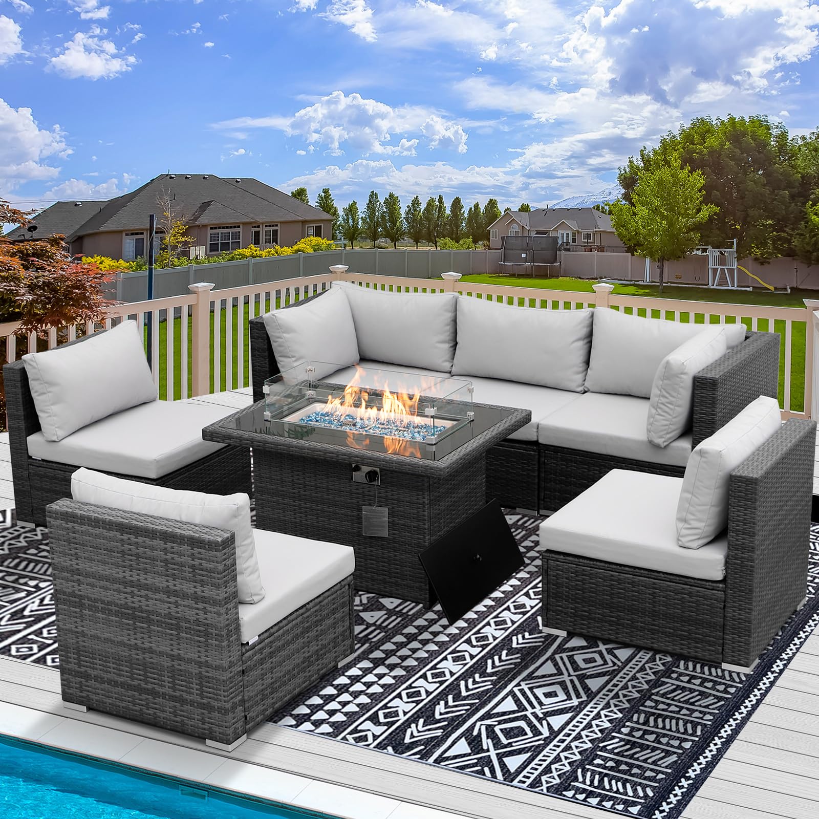 RADIATA PE Wicker Patio Furniture Set Sectional High Back Large Size Sofa Sets with Propane Fire Pit Table 55000 BTU Balcony Rattan Lounge Conversation Sets for Outdoor (7 Pieces,Light Gray)