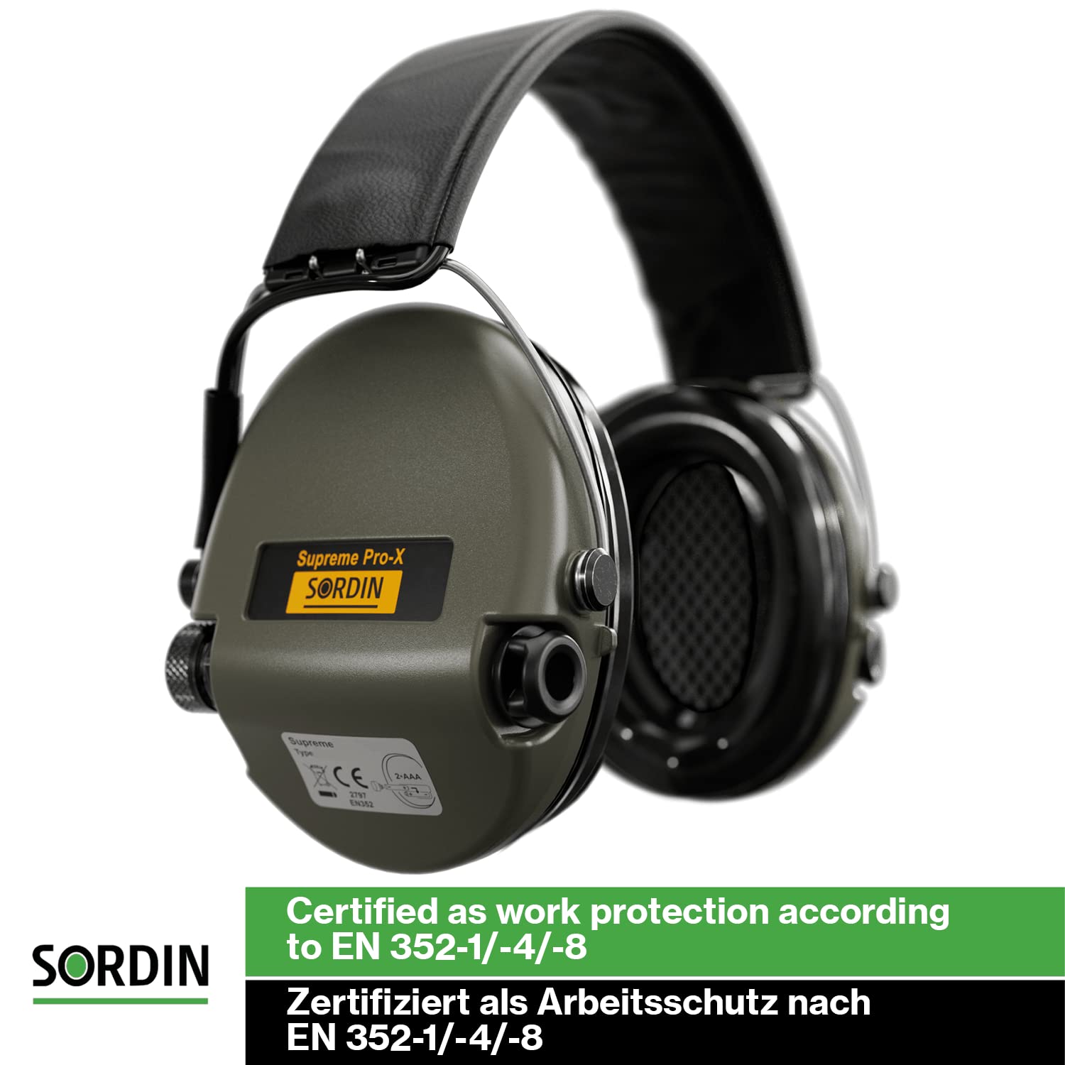 Sordin Supreme Pro-X Ear Defenders for Hunting & Shooting - Active & Electronic - Leather Band & Gel Kits - Green Ear Muffs