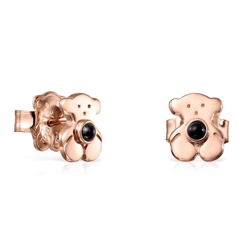 TOUS Real Sisy Earrings in Rose Gold Vermeil with Onyx. Push Back, Size: 0.8 cm