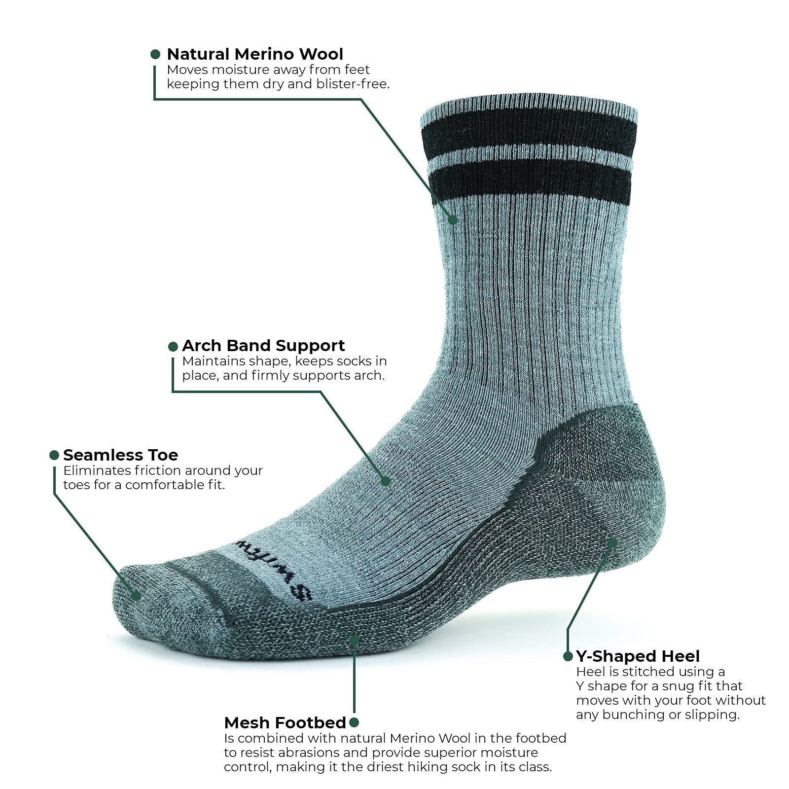 Swiftwick- PURSUIT HIKE SIX Medium-Weight Hiking Socks, Merino Wool (Heather, Medium)