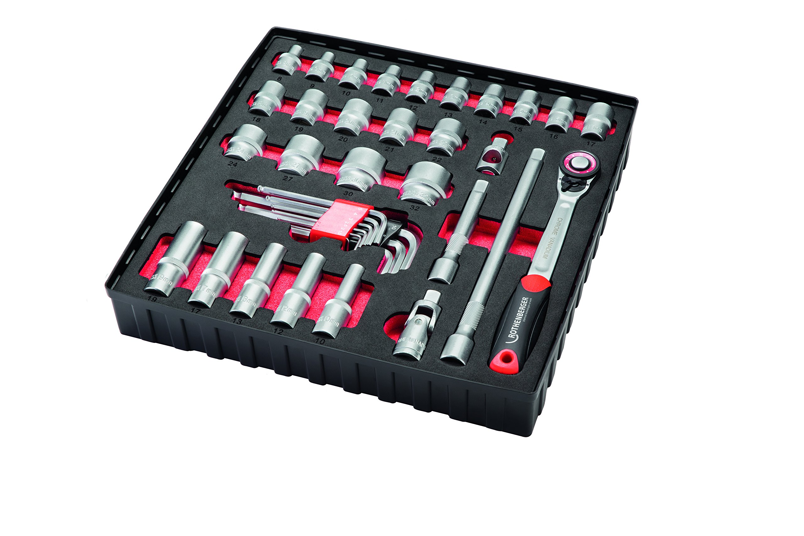 Rothenberger 1000002183 Socket Set 38 pcs. Tool Set Hex Key Socket 1/2 for hexagon socket 8 ā 32 mm Diameter 1.5 ā 10 mm | Reusable Robox | Chrome Vanadium Steel, Grey