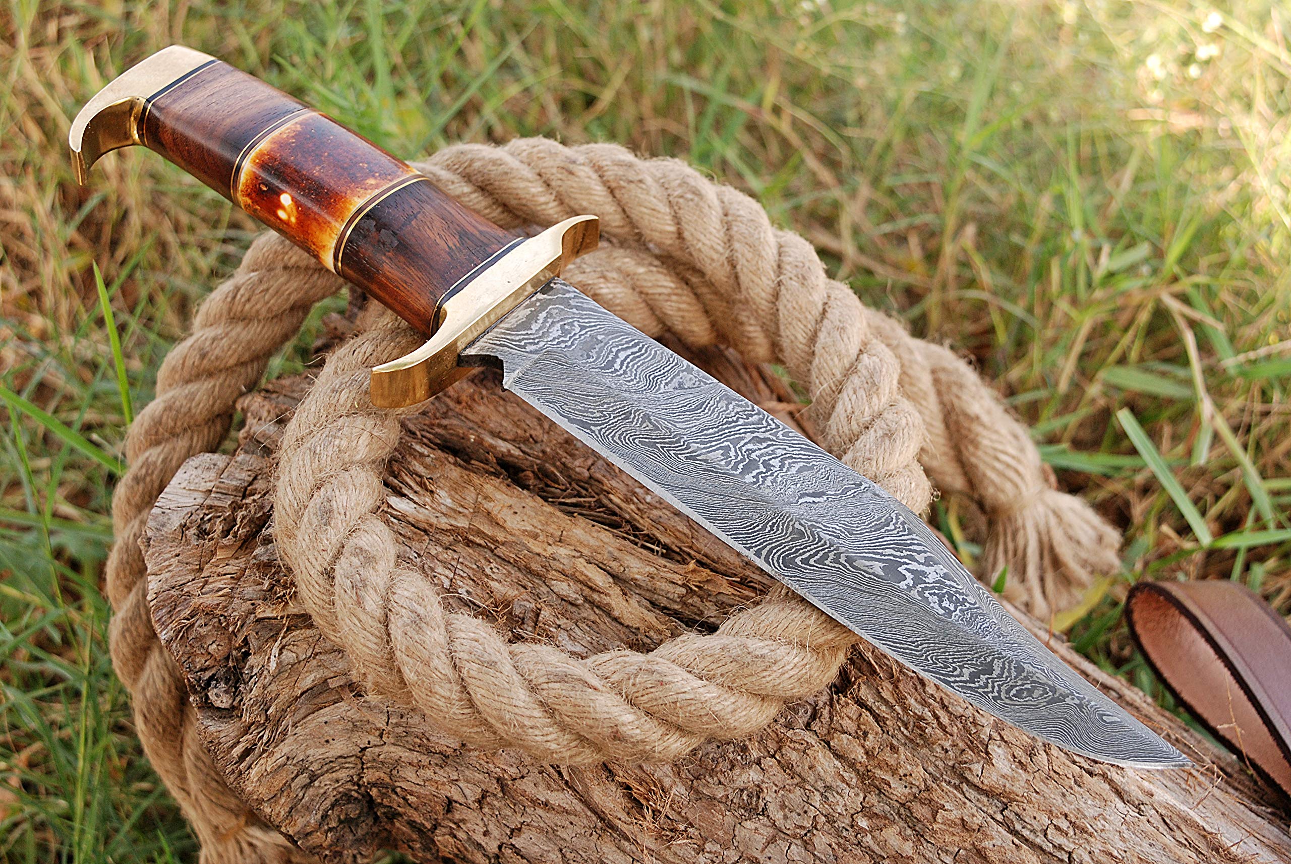 Zaildar Damascus Steel Bowi Knife Custom Handmade Knife Fixed Blade Knife Hunting Knives Survival Knife and Camping Knife with Bone and Rose Wood Handle with Leather Knife Sheath