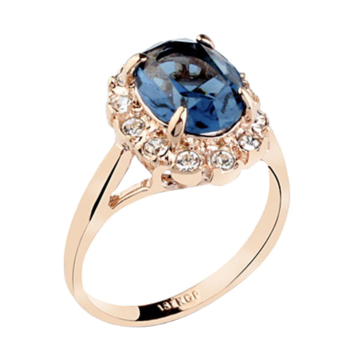 Rose Gold Plated Oval Shaped Ring with Sapphire Blue Swarovski element Crystal and Clear Round Shaped Cubic Zirconia Fashion Jewelry for Women (6.5)