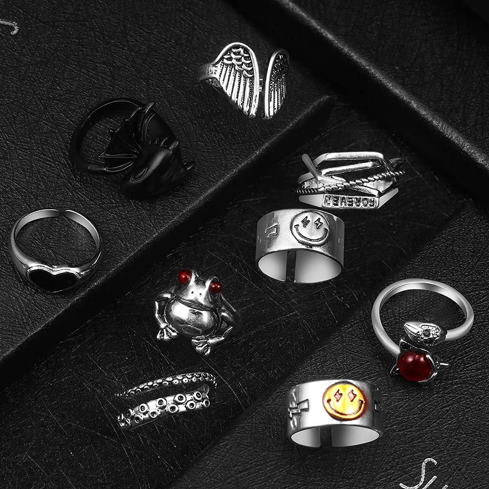 SUNNYOUTH 20 Pcs Open Rings Frog Leaf Chain Adjustable Ring for Women Men Girls Punk Vintage Gothic Stackable Ring Jewelry Set