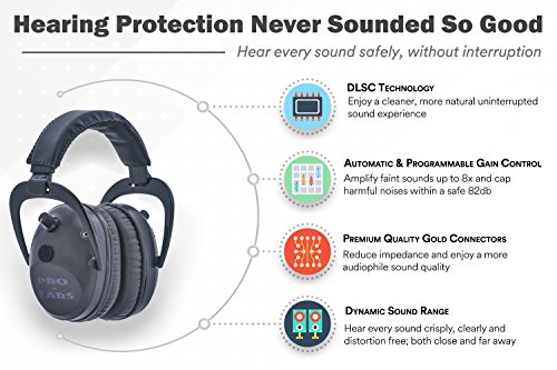 Pro Ears Pro Tac Plus Gold Ear Muffs, Military Grade Electronic Hearing Protection & Amplification, NRR 26, DLSC Compression, Shooting, Hunting, Various Uses, Up To 250 Hours Battery Life