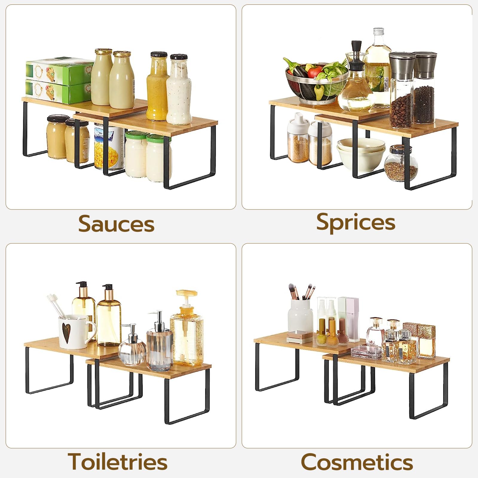 YONDERLIVICE Cabinet Shelf Organizers, Set of 2 Stackable Cabinet Organizers, Kitchen Counter Organizer, Expandable Spice Racks, Metal and Bamboo, Black and Natural