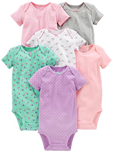 Simple Joys by Carter's Baby Girls' Short-Sleeve Bodysuit, Pack of 6, Multicolor/Elephant/Floral/Hearts/Stripe, 3-6 Months